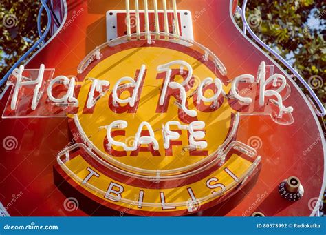 Famous Hard Rock Cafe Neon Sign On Facade Of The Popular Bar Founded