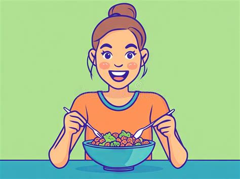 A Modern Illustration Shows A Girl Smiling As She Eats Gummy Worms From A Bowl And A Happy