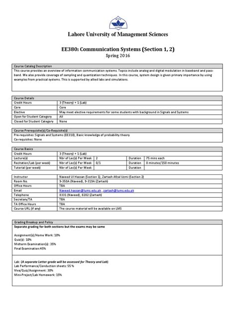 Lahore University Of Management Sciences Ee380 Communication Systems Section 1 2 Pdf