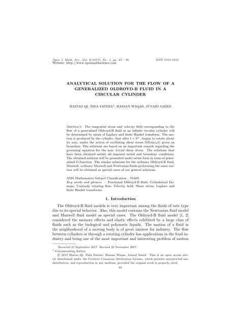 Pdf Analytical Solution For The Flow Of A Generalized Oldroyd B Fluid In A Circular Cylinder