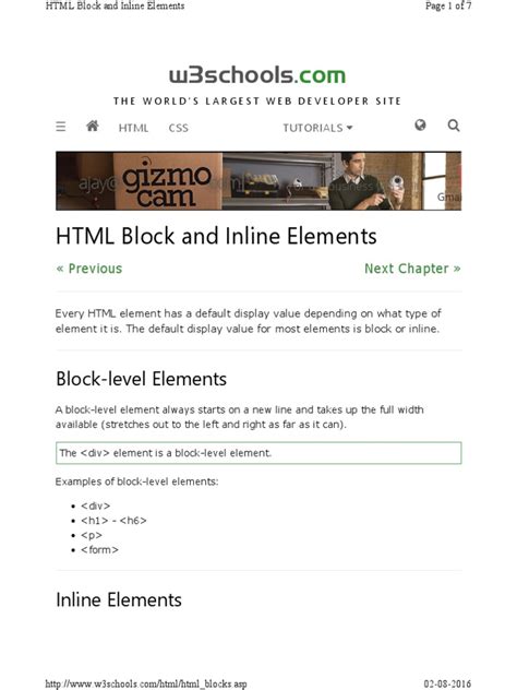 Html Block And Inline Elements Pdf Html Element J Query