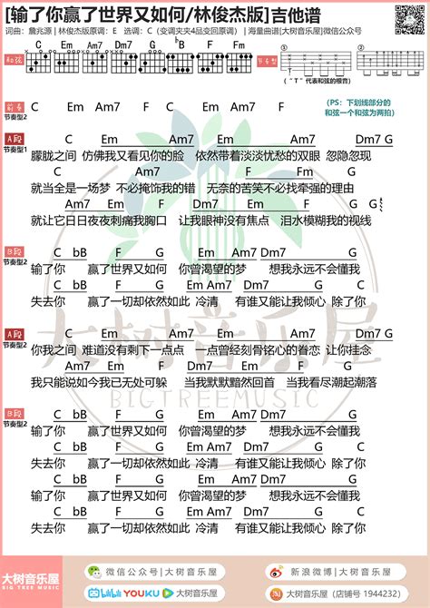 林俊杰 输了你赢了世界又如何（大树音乐屋） C调 弹唱 和弦 吉他谱