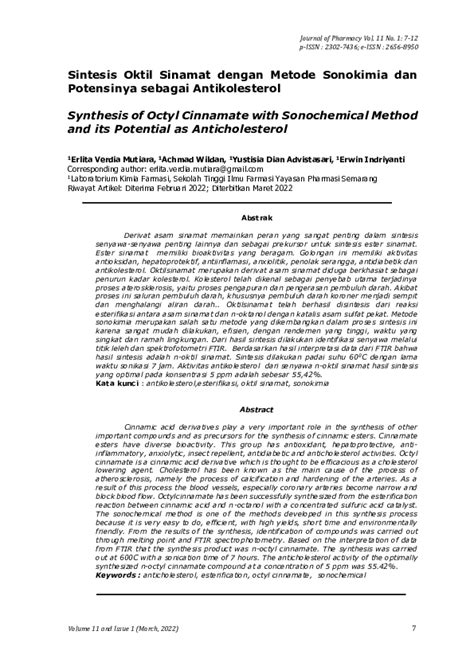 Pdf Sintesis Oktil Sinamat Dengan Metode Sonokimia Dan Potensinya Sebagai Antikolesterol
