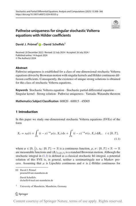 Pdf Pathwise Uniqueness For Singular Stochastic Volterra Equations