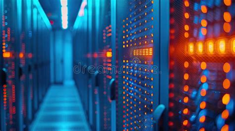 Rows Of Server Racks With Glowing Lights In A Data Center Stock