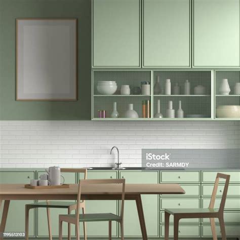 식탁이 있는 스칸디나비아 스타일의 주방에서 포스터 프레임을 조롱하세요 3d 일러스트레이션 0명에 대한 스톡 사진 및 기타 이미지