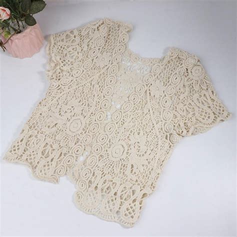 Women Summer Short Sleeve Crochet Shrugs Hollow Out Flower Lace Open