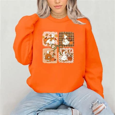 Autumn Duck Patchwork Cozy Seasonal Fall Design Graphic Sweatshirt Up