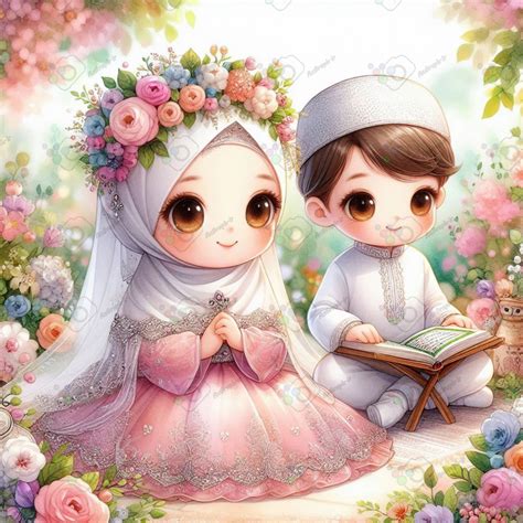 بک گراند کودکانه دختر ناز با حجاب در حال گوش دادن به قرآن خواندن پسر