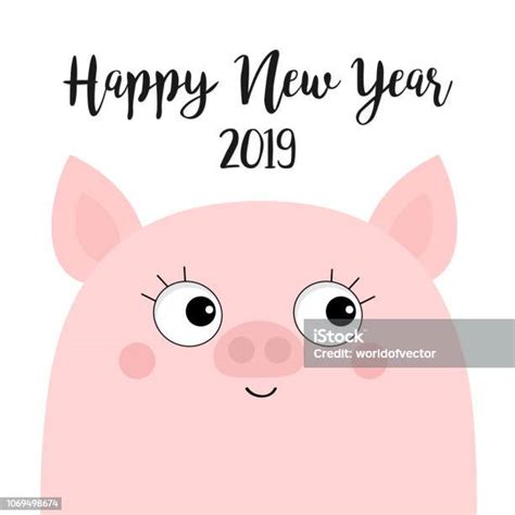 핑크 돼지 돼지입니다 행복 한 새 해 2019입니다 돼지 얼굴 머리입니다 기호 Chinise 귀여운 만화 재미 귀여운 아기