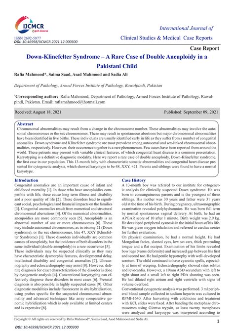 Pdf Down Klinefelter Syndrome A Rare Case Of Double Aneuploidy In A