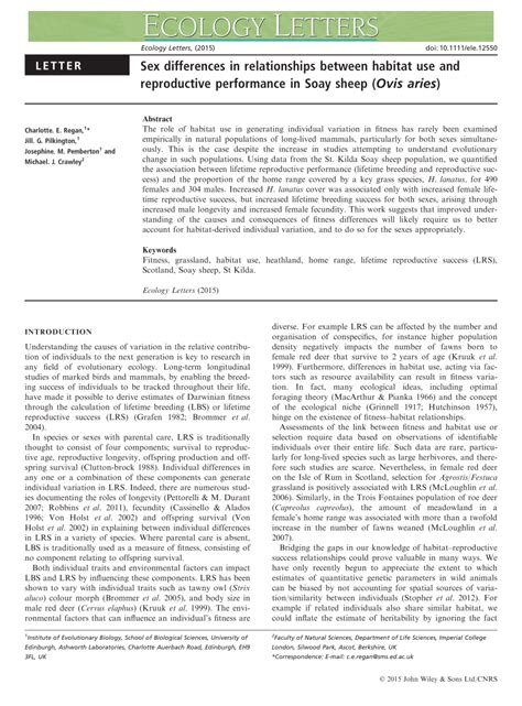 Pdf Sex Differences In Relationships Between Habitat Use And Reproductive Performance In Soay