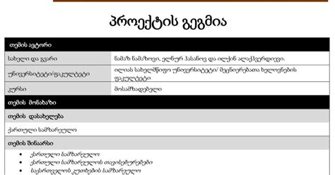 ქართული სამზარეულო პროექტის გეგმა