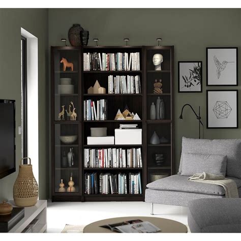 Книжный шкаф Ikea Billy Oxberg стеклянные дверцы 160x202 Имитация темно коричневого дуба