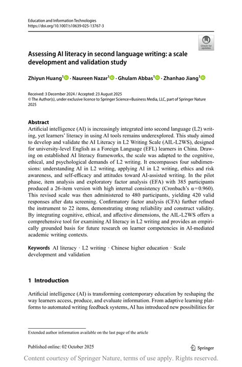 Assessing Ai Literacy In Second Language Writing A Scale Development