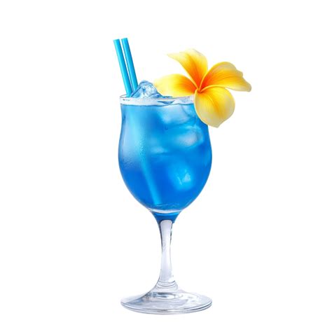 Refreshing Blue Hawaii Cocktail With Tropical Flower And Straws Against