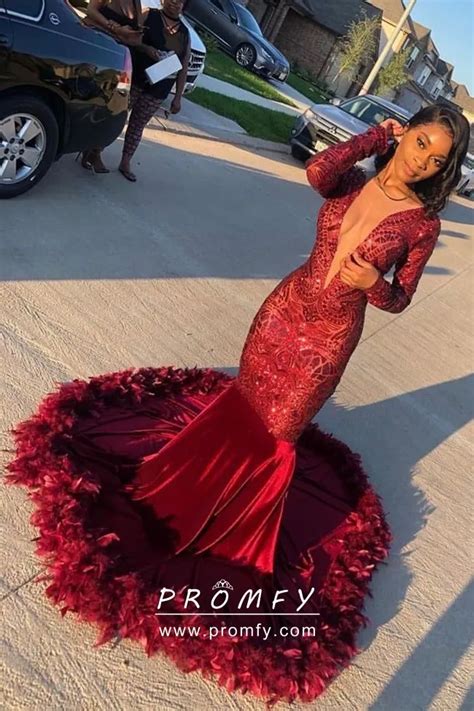 Dark Red Sequin Velvet Feather Mermaid Prom Dress Promfy