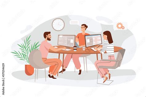 Programmers Working With People Scene In The Flat Cartoon Style Tree Programmers Work On