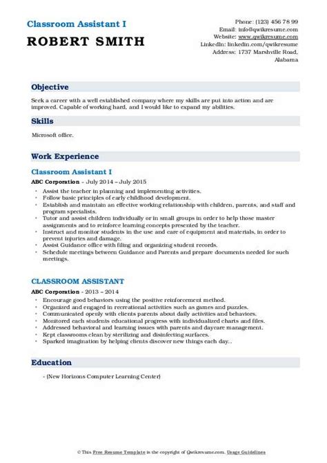 Classroom Assistant Resume Samples Qwikresume
