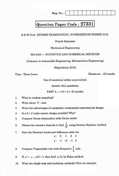 Ma6452 Statistics And Numerical Methods Nov Dec 2015 Question Paper