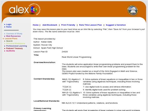 Real World Linear Programming Lesson Plan For 9th 12th Grade Lesson