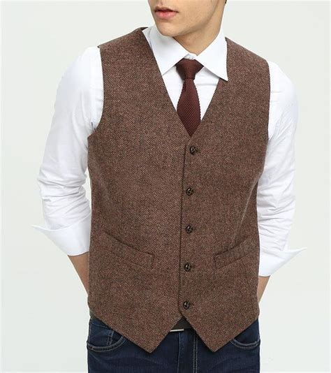 2018 Vintage Brown Tweed Vest Wool Herringbone Groom Vests Five Buttons