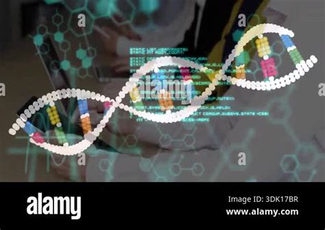 Female Coder Typing Triggers Animated Code Overlays And Rotating Dna