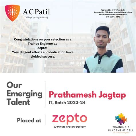 A C Patil College Of Engineering On Linkedin Congratulations Prathamesh Jagtap It For