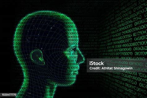 측면 보기 미래의 인공 지능 로봇 얼굴 및 배경에 데이터 3d 디지털 데이터 0 And1 렌더링 3차원 형태에 대한 스톡 사진