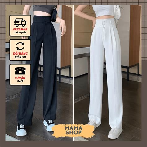 Quần Tây ống Rộng Nữ Cạp Lưng Cao 2 Khuy Quần ống Suông Nữ Cạp Siêu