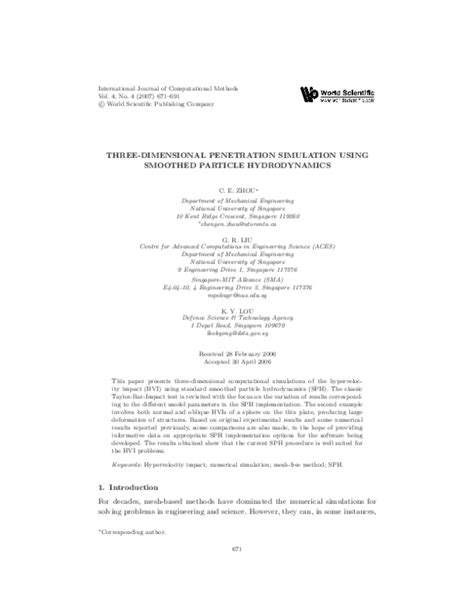 Pdf Three Dimensional Penetration Simulation Using Smoothed Particle
