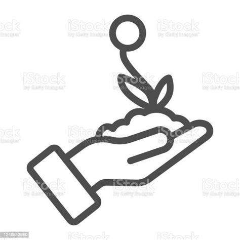 손 라인 아이콘에 토양 묘목 자연 개념을 저장 토양에 꽃과 흰색 배경에 손 기호 윤곽 스타일에 자연 인간의 손 아이콘을 돌보는 벡터 그래픽 개발에 대한 스톡 벡터 아트 및