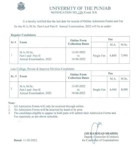 Pu Admissions Form Schedule For Ma Msc Part I Ii Annual Exams
