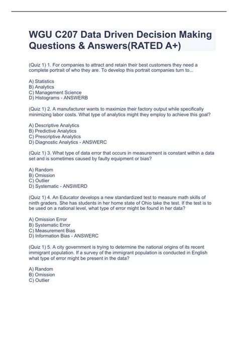 Wgu C207 Data Driven Decision Making Questions And Answersrated A