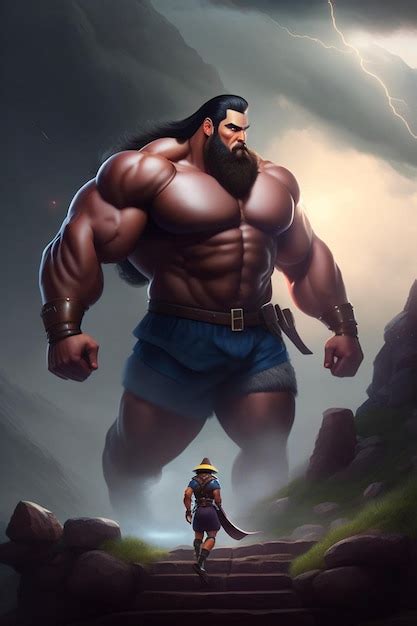 Premium Photo A Huge Giant Is Approaching The Village From Behind