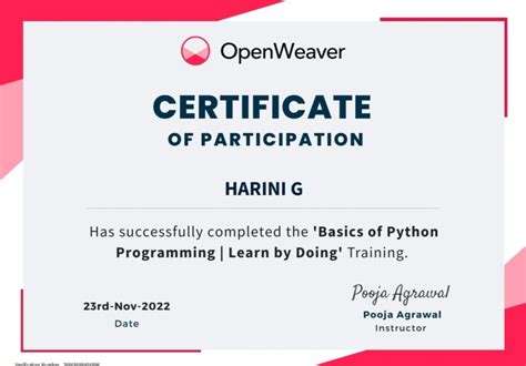 completed python programming course with open weaver harini g posted