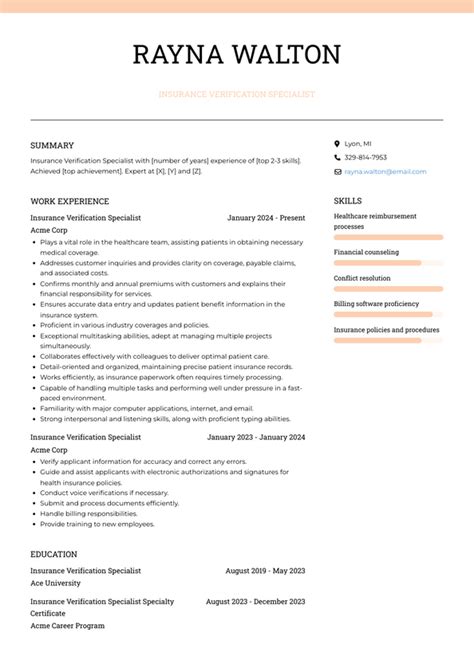 Insurance Verification Specialist Resume Examples And Templates