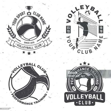 배구 클럽 배지 로고 디자인의 세트입니다 벡터 그림입니다 대학 리그 스포츠 클럽 여름 캠프 엠블럼 기호 로고 빈티지 흑백 라벨 스티커 배구 공 패치 선수 및 심판 휘슬