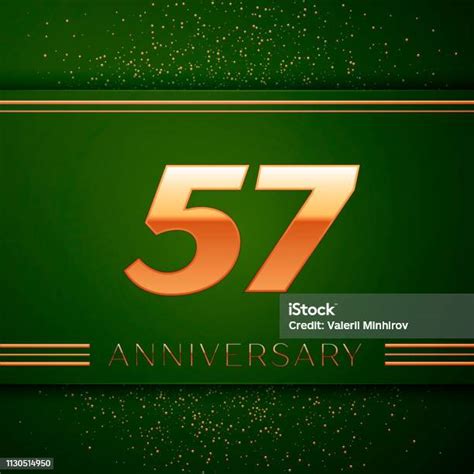 현실적인 50 7 57 년 주년 기념 로고입니다 황금 번호 고 녹색 바탕에 황금 색종이입니다 생일 파티에 대 한 다채로운 벡터 템플릿 요소 0명에 대한 스톡 벡터 아트 및