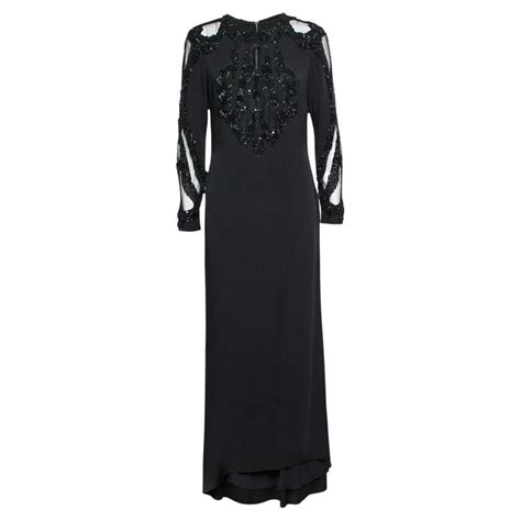 Elie Saab Black Crepe Bead Embroidered Embellished Long Sleeve Dress M