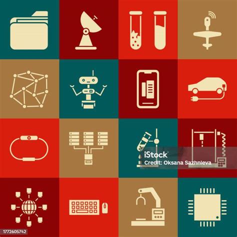 Set Processor With Microcircuits Cpu 3d Printer Electric Car Test Tube And Flask Robot Neural