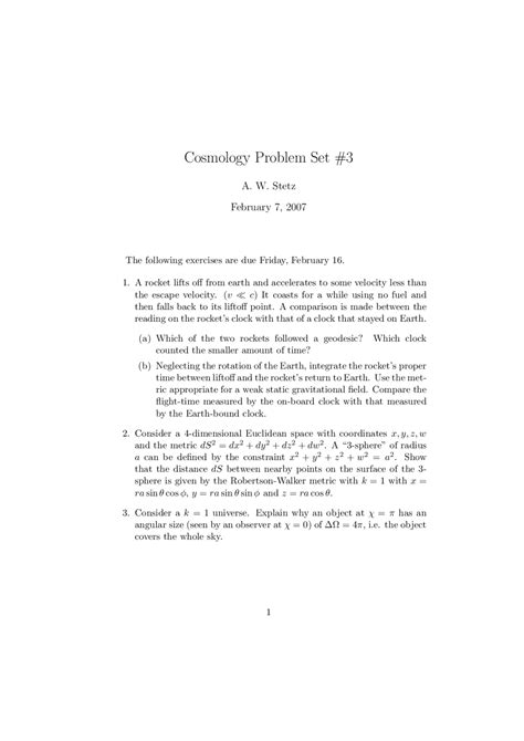 Reading And Conference Cosmology Problem Set 3 Ph 405 Docsity