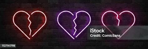 템플릿 장식 및 벽 바탕에 포함 하는 레이아웃에 대 한 깨진 심장 상징의 현실적인 격리 된 네온 사인의 벡터 집합입니다 불행 한