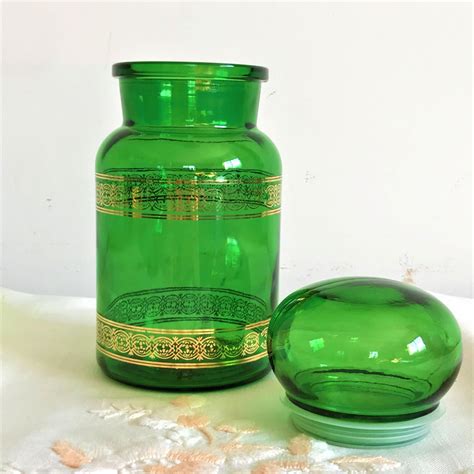 Vintage Emerald Green Glass Jar With Lid Apothecary Bottle Antique