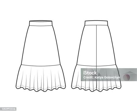 스커트 플럭스 테크니컬 패션 일러스트와 무릎 아래 길이 A 라인 실루엣 두꺼운 허리 밴드 바닥 0명에 대한 스톡 벡터 아트 및 기타 이미지 Istock