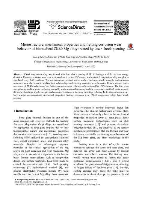 PDF Microstructure Mechanical Properties And Fretting Corrosion Wear