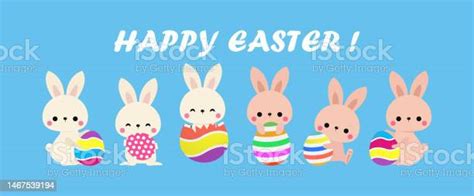 행복한 부활절 포스터 작은 토끼 토끼 만화 평면 디자인에는 인사말 카드가 있습니다 부활절 달걀 축제 벽지 배경 배너 템플릿 고립 된 벡터 일러스트 레이 션 계절에 대한 스톡