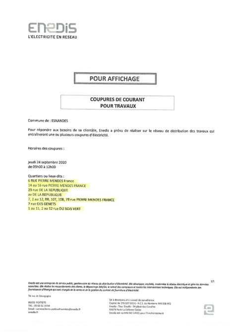 Coupures De Courant Pour Travaux ENEDIS Mairie D Esnandes