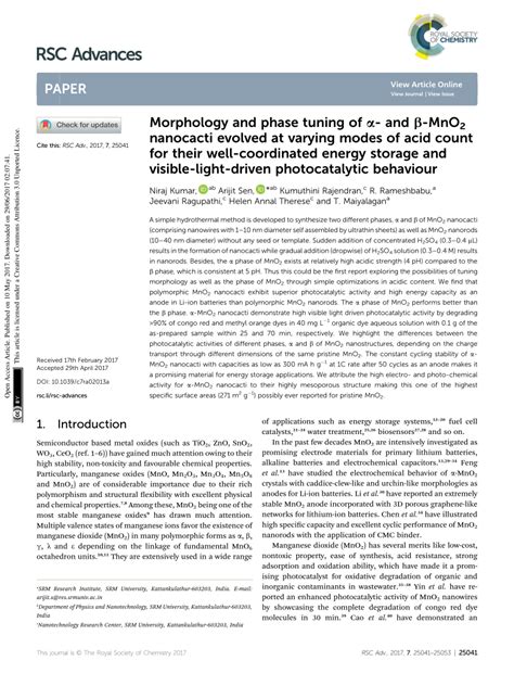 Pdf Morphology And Phase Tuning Of A And B Mno 2 Nanocacti Evolved At Varying Modes Of Acid