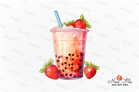 Bubble Tea With Strawberry Watercolor Graphic By Crafticy Creative